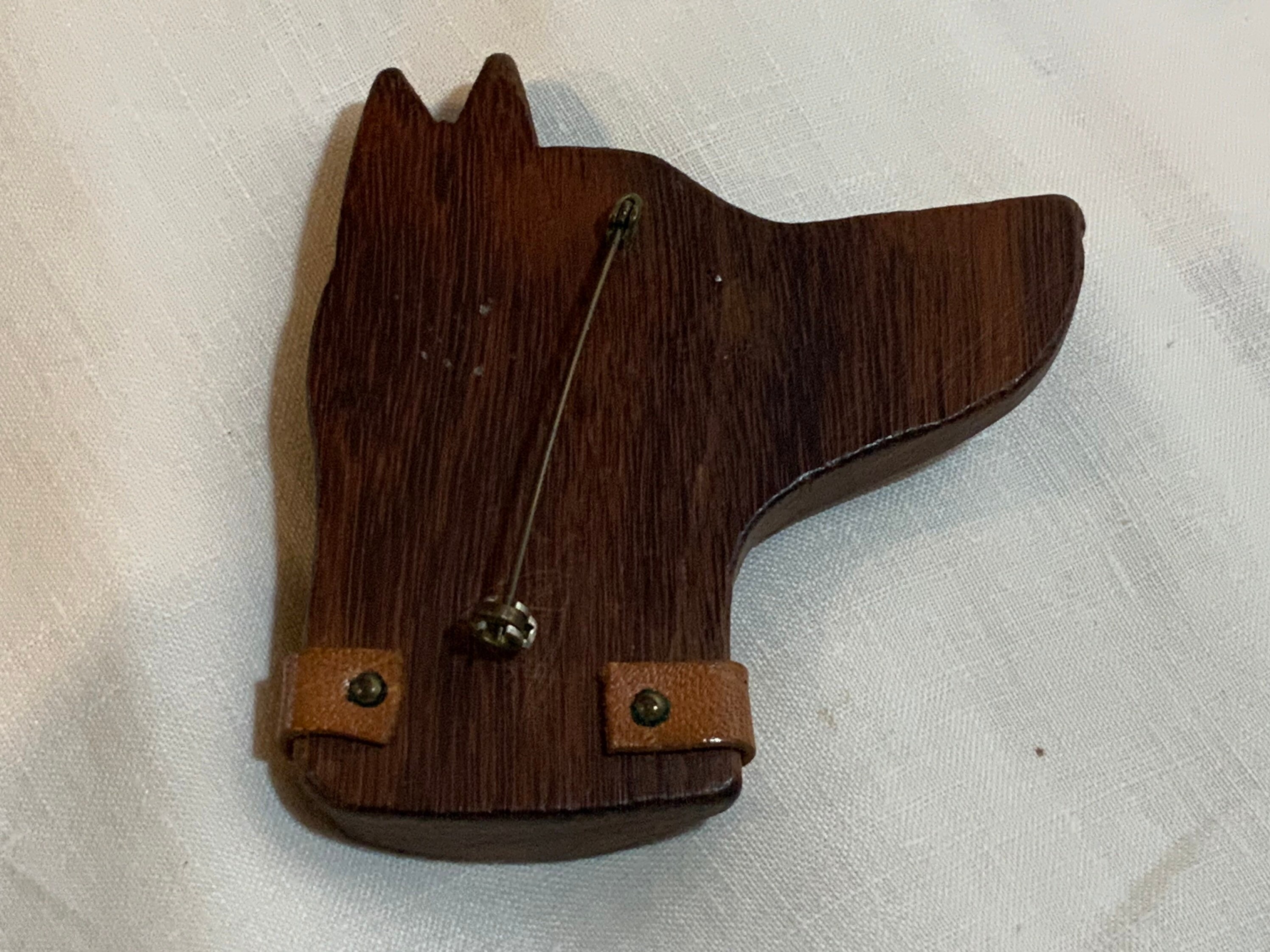 Vintage Large Wood and Leather Dog Head Brooch or Pin - Etsy