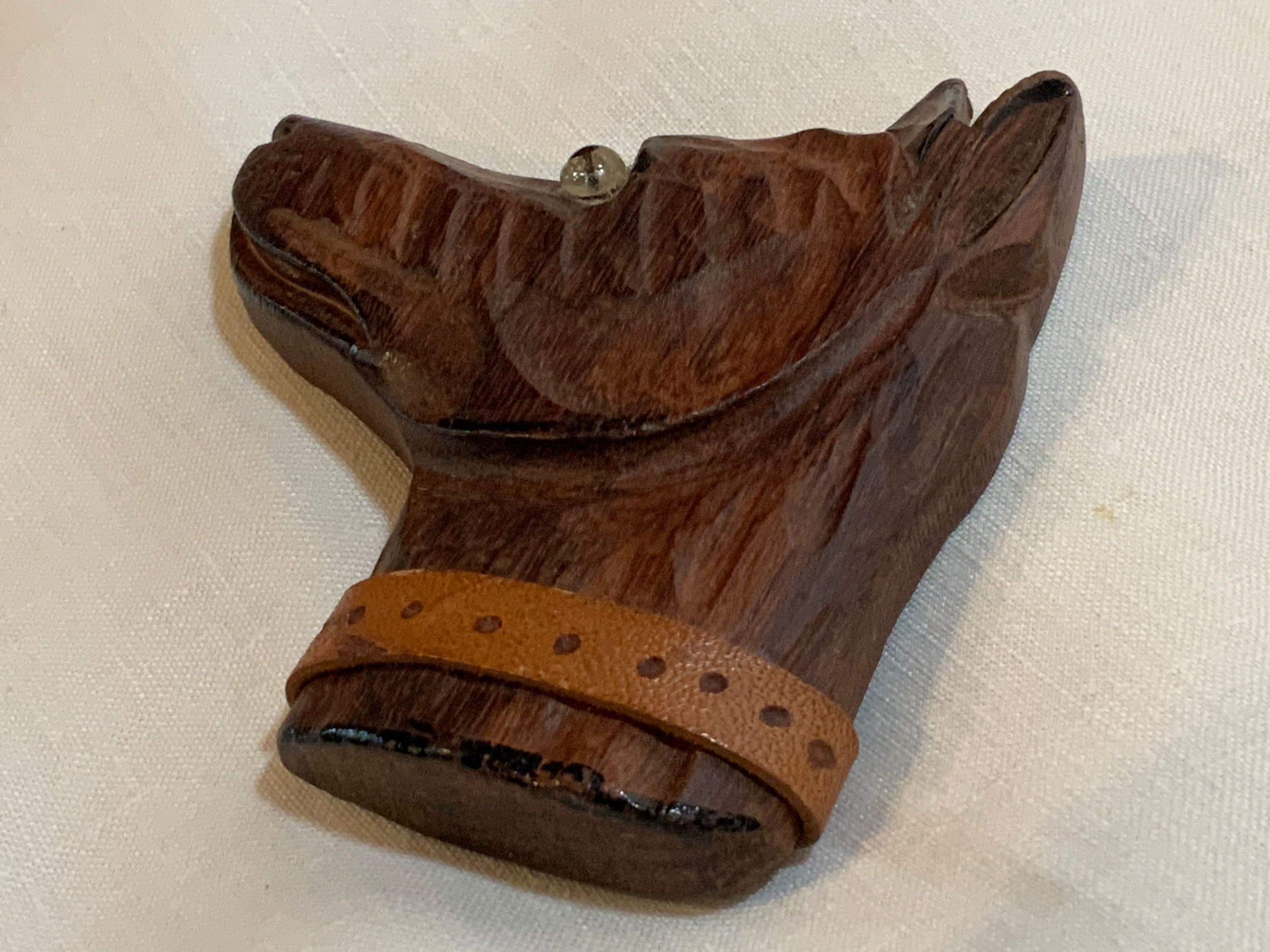Vintage Large Wood and Leather Dog Head Brooch or Pin - Etsy
