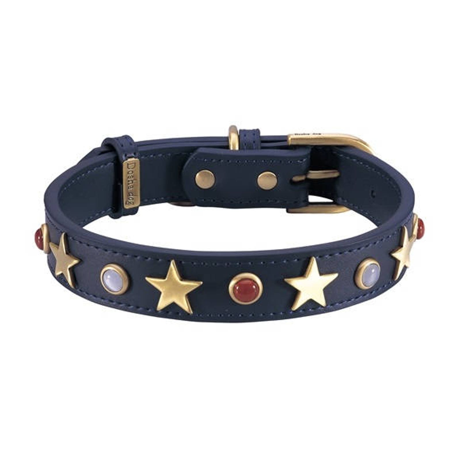 Blue Leather Dog Collar With Brass Stars Studs and Gemstones, Patriotic ...