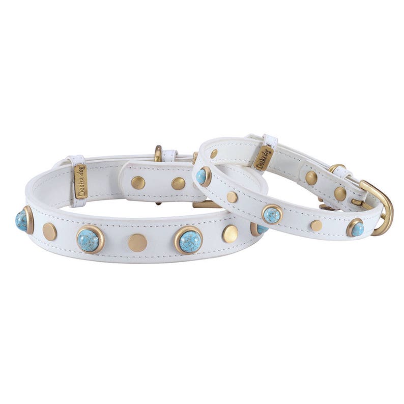 White Leather Dog Collar With Turquoise, Jeweled Leather Dog Collar ...