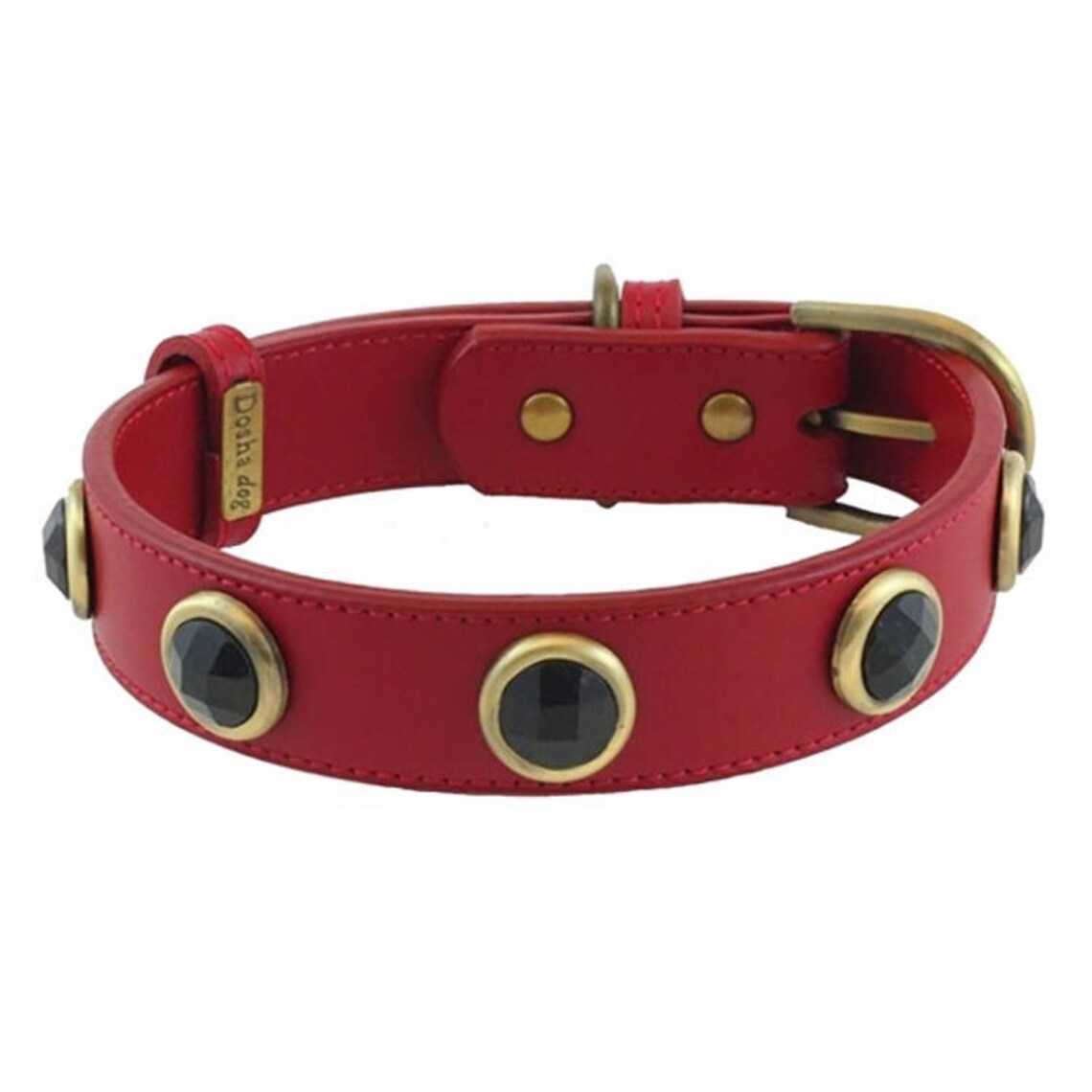 Red Leather Dog Collar With Gemstones, Luxury Dog Collar With Onyx ...