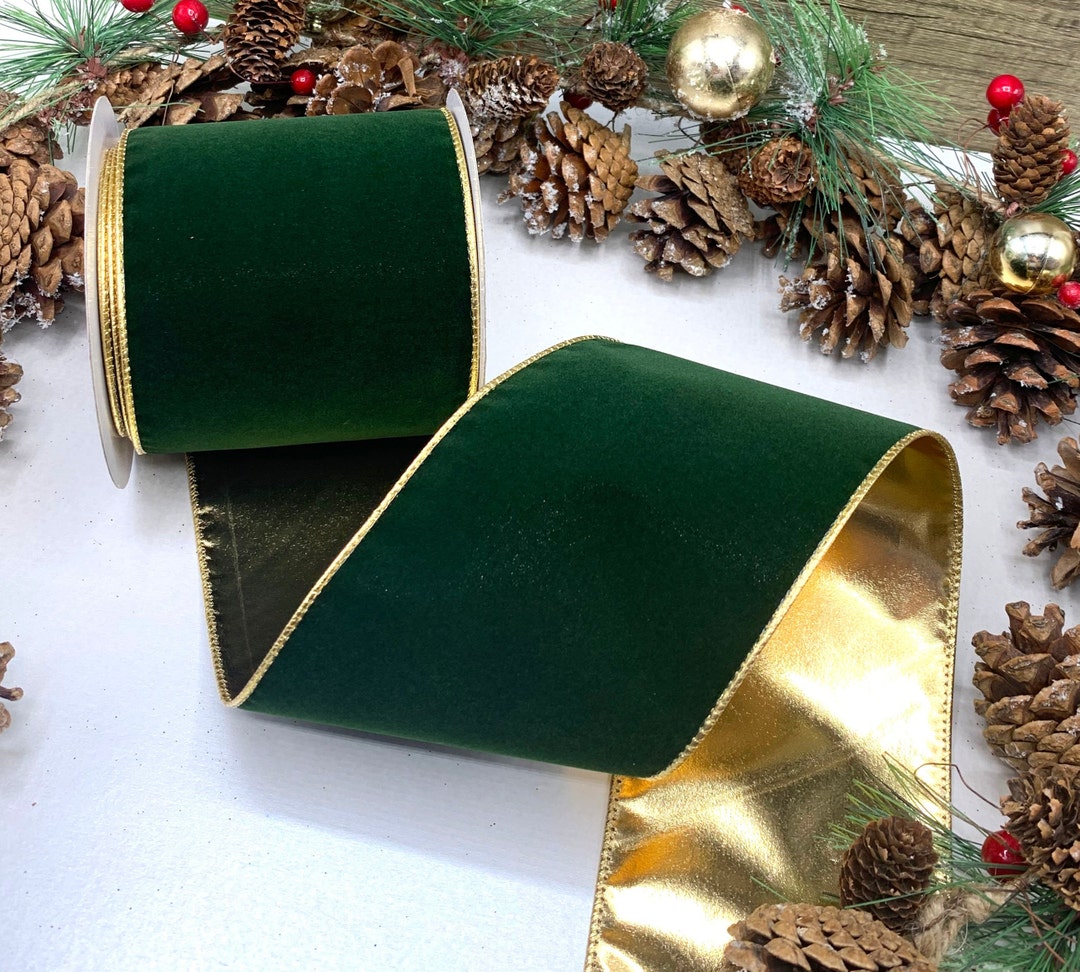 4" Wired Dark Green Velvet Ribbon With Metallic Gold Back for Christmas ...