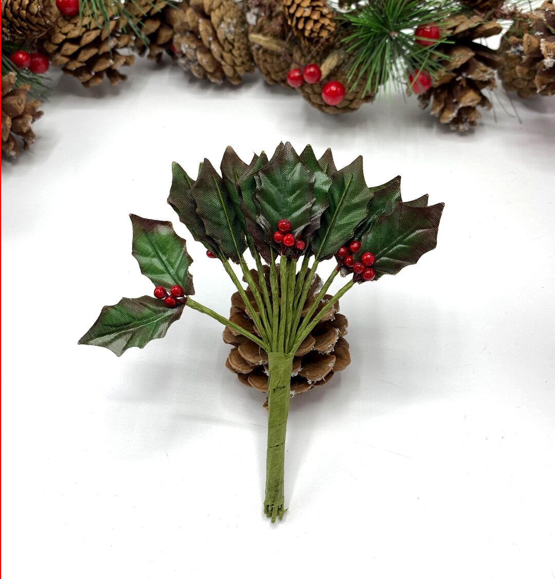 Holly Leaves and Red Berry Floral Spray on Wire for Christmas Wreaths ...