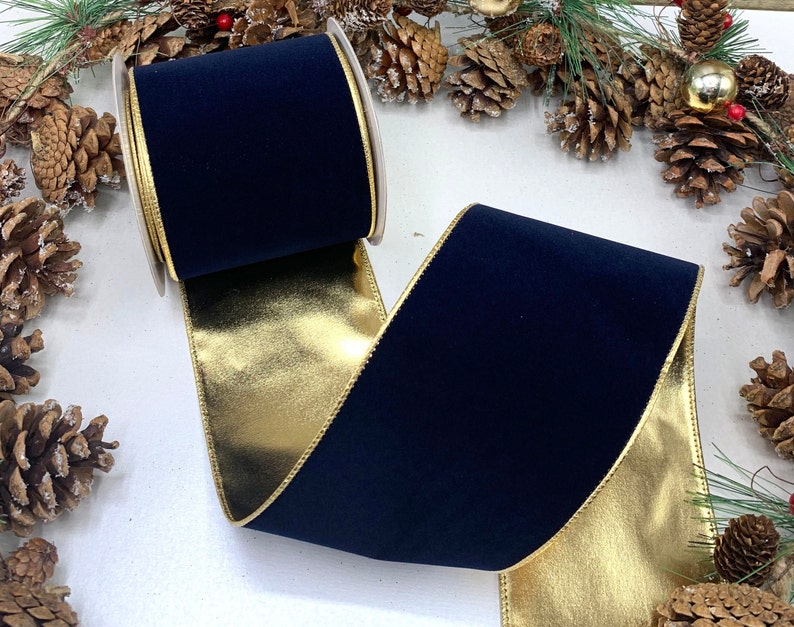 Wired Navy Blue Velvet Ribbon With Metallic Gold Back - Etsy