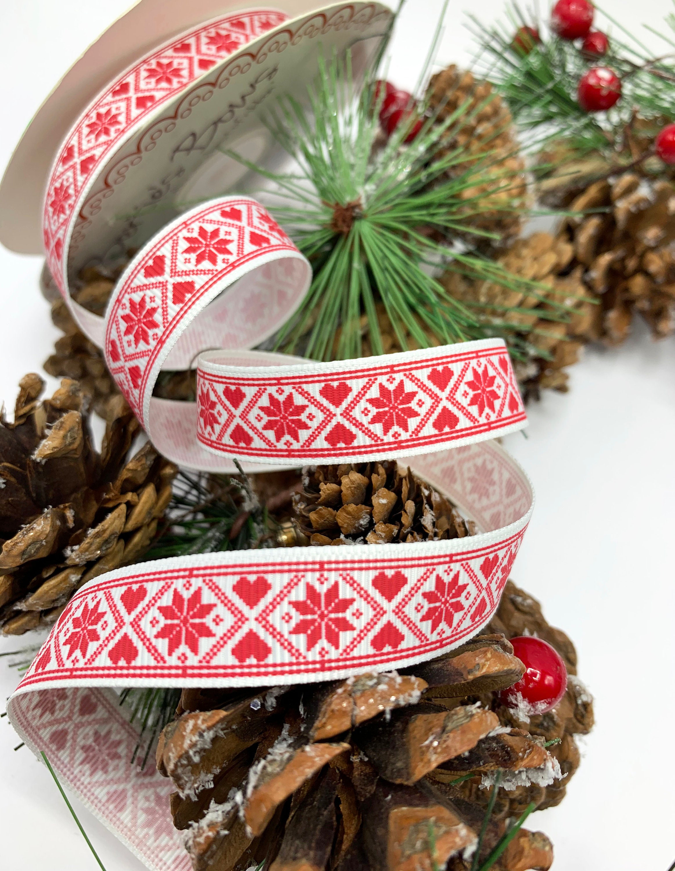 Scandinavian Christmas Ribbon red and white nordic trim | Etsy