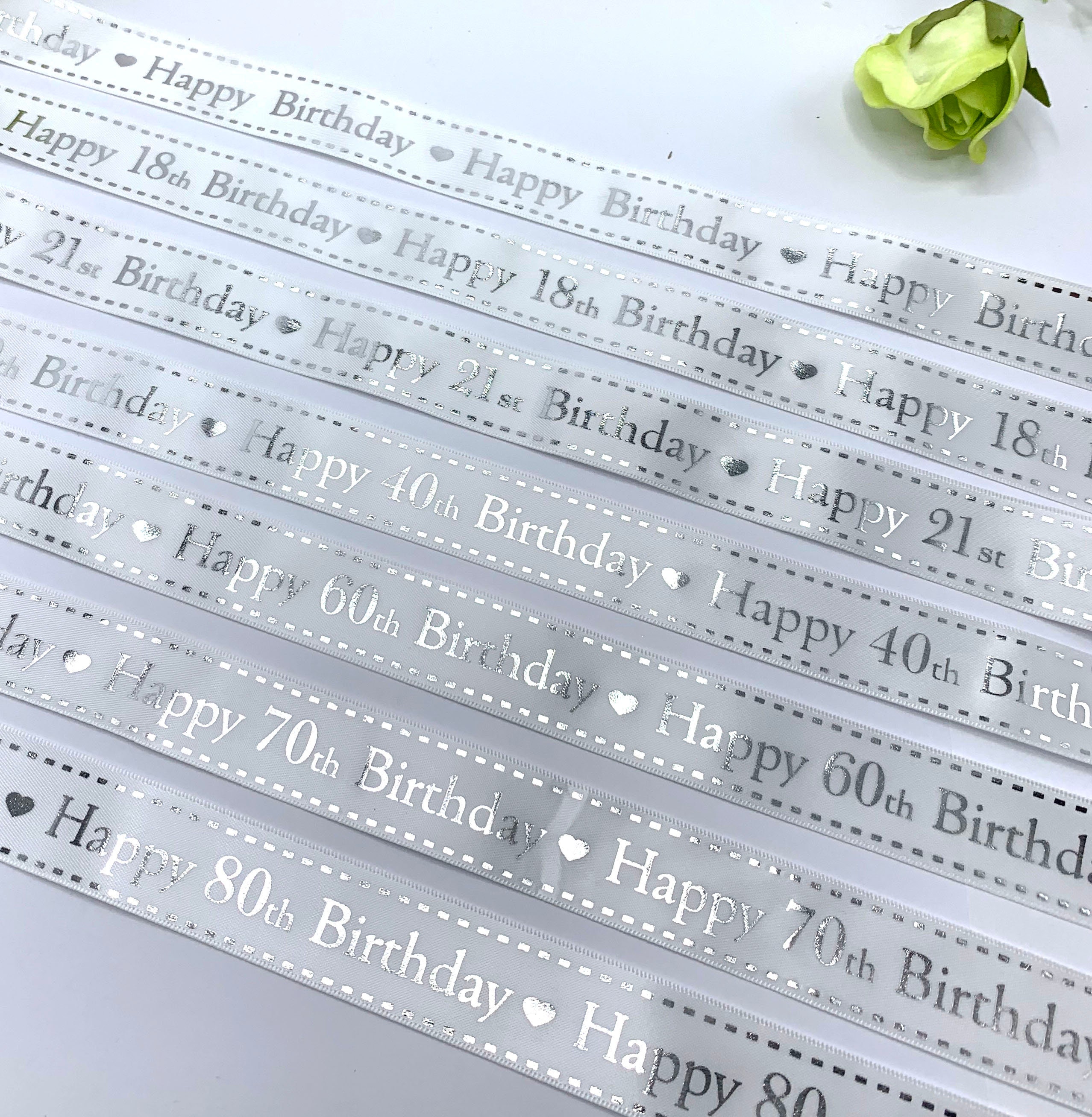 Happy Birthday Ribbon, 18th 21st 40th 60th 70th 80th, 1" White Satin ...