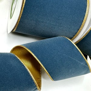 4" Wired Dusty Blue Velvet Ribbon With Metallic Gold Back for Christmas ...