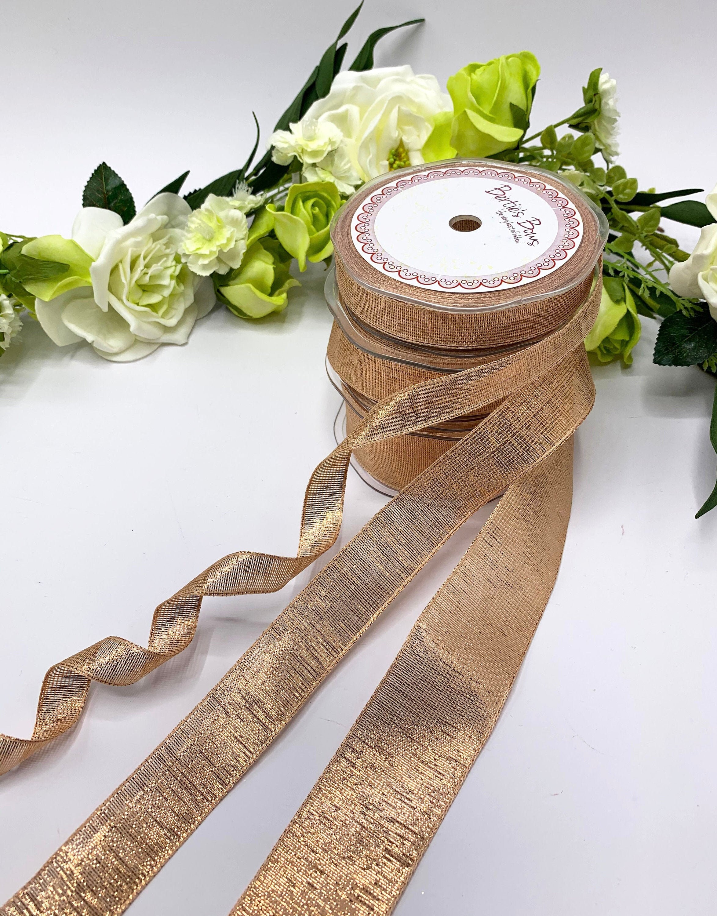 Wired Edge Rose Gold Ribbon, Metallic Lame Mesh, 3 Widths, Wedding ...