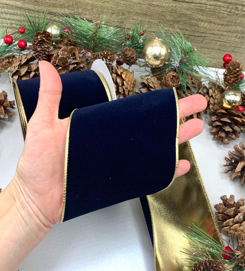Wired Navy Blue Velvet Ribbon With Metallic Gold Back - Etsy