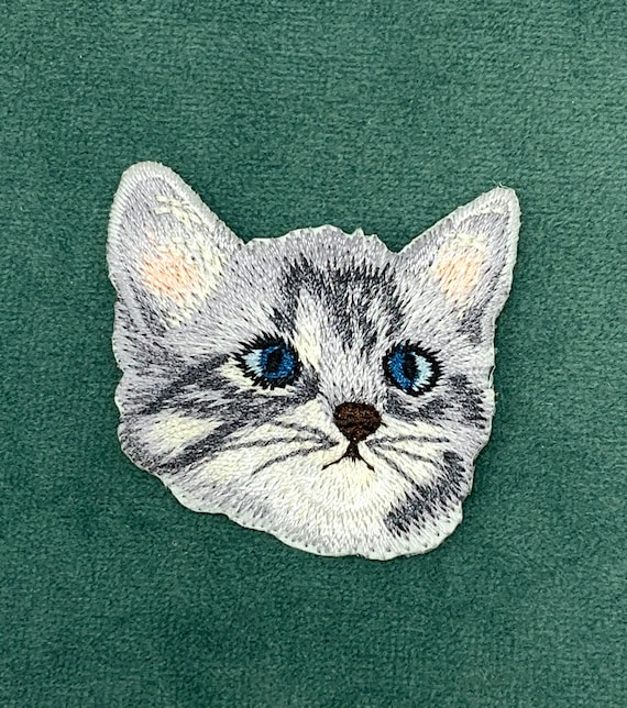 Small Cat patch cute silver grey embroidered tabby cat | Etsy