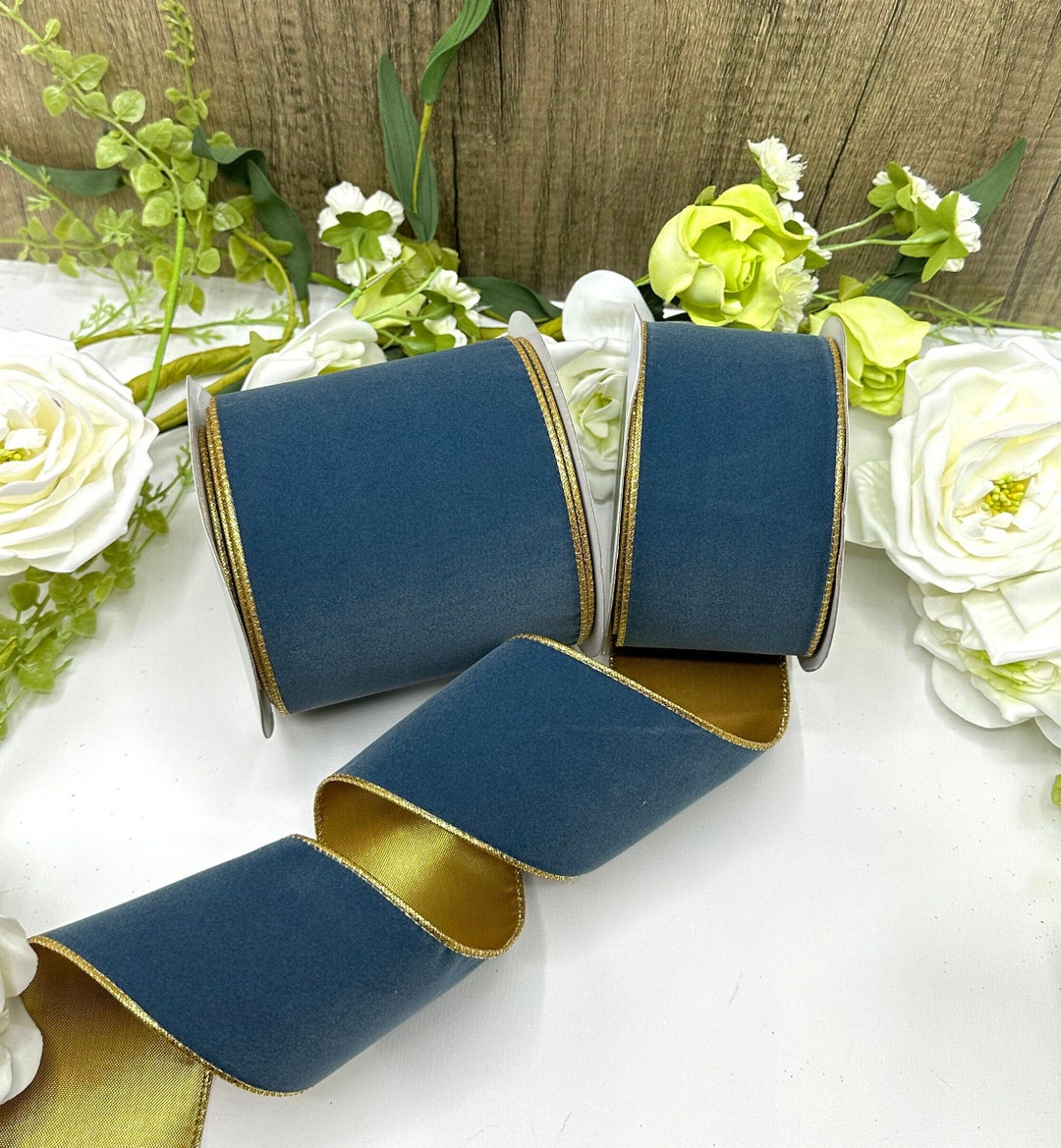 4" Wired Dusty Blue Velvet Ribbon With Metallic Gold Back for Christmas ...