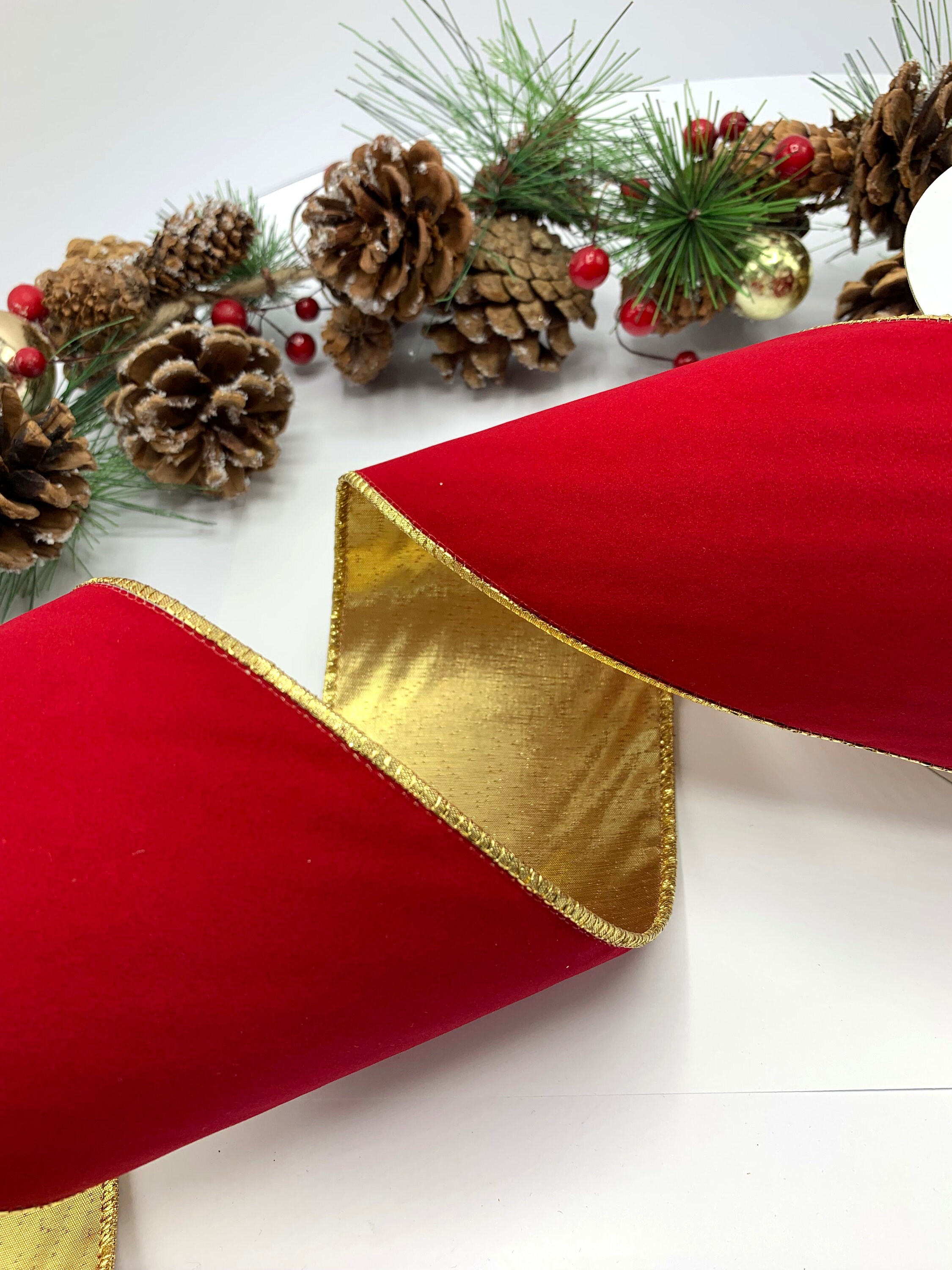 4 Wired Red Velvet Ribbon With Metallic Gold Back for - Etsy