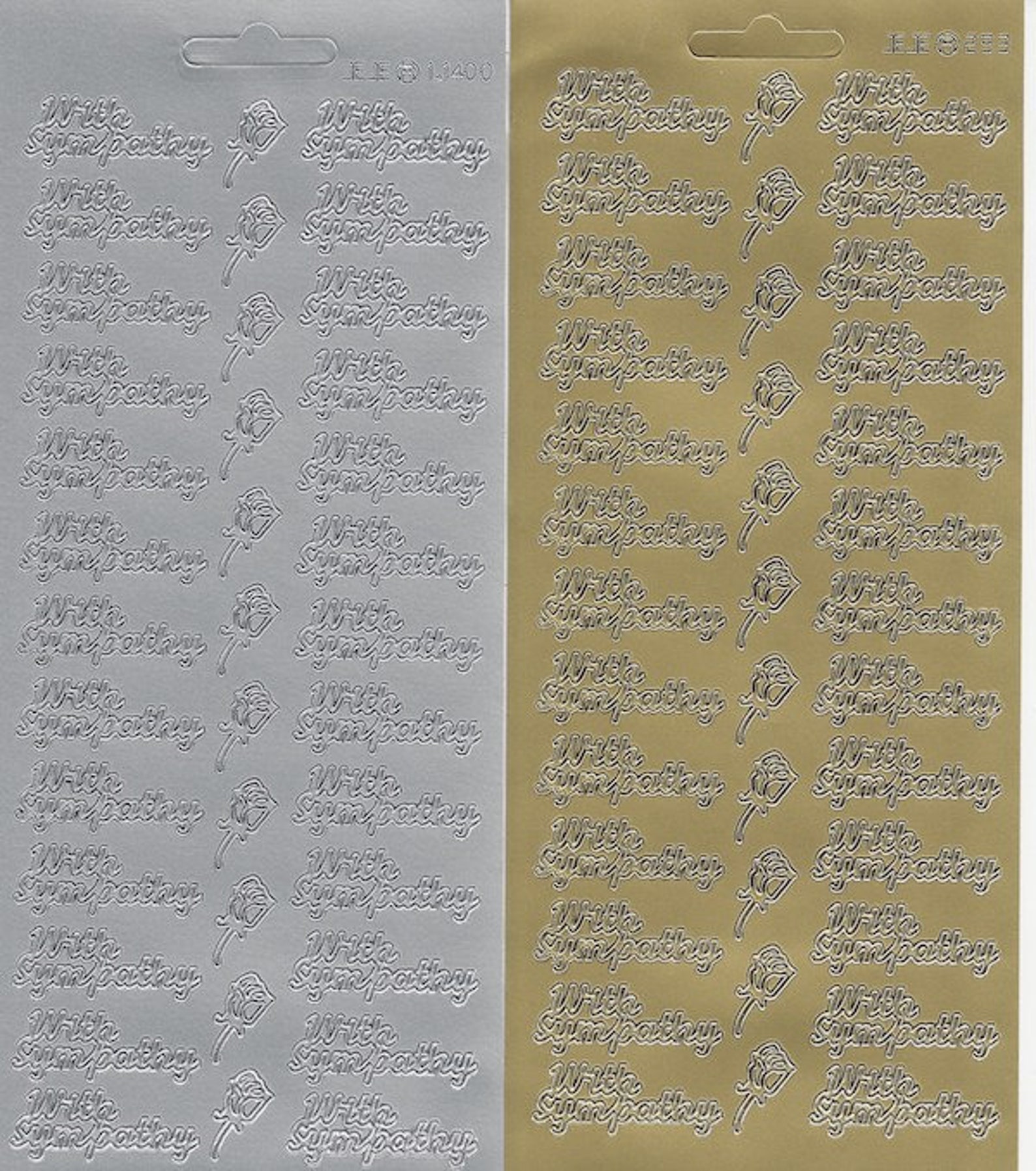 With Sympathy Sticker Sheet - Gold or Silver Peel off Stickers ...
