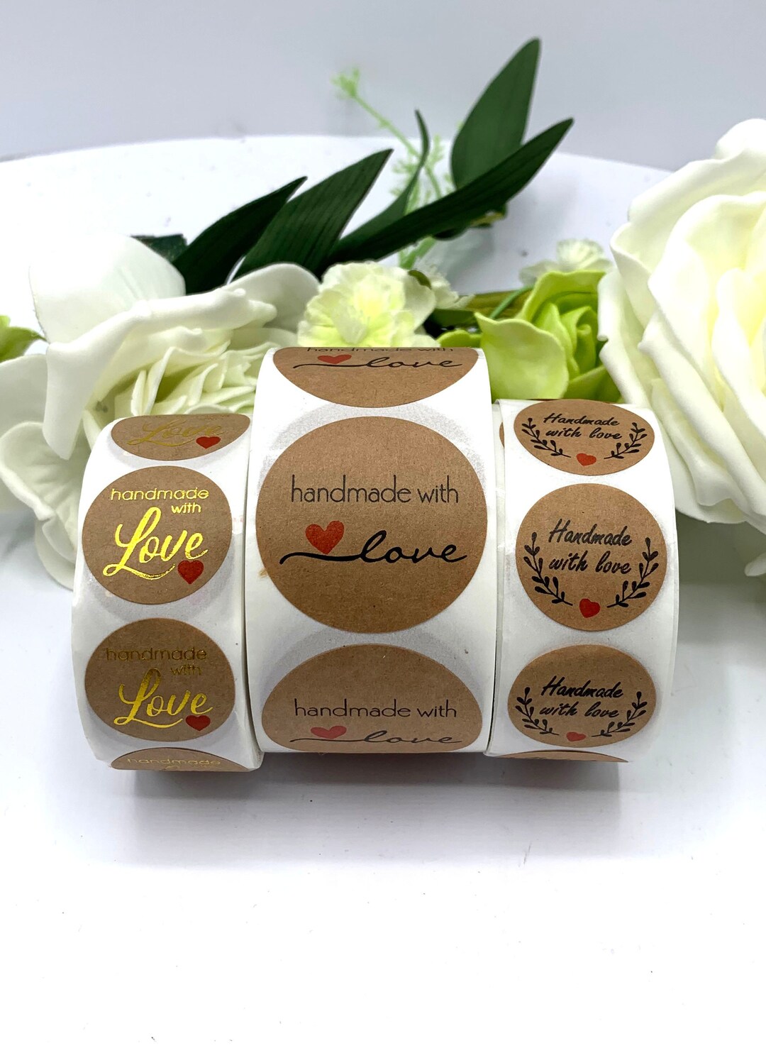 Handmade With Love Stickers, Round Kraft Paper Stickers, 1 Inch and 1.5 ...