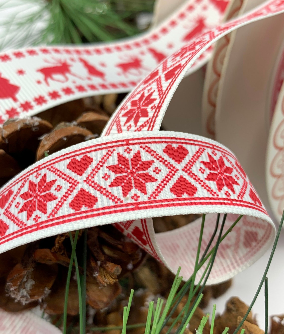 Scandinavian Christmas Ribbon red and white nordic trim | Etsy