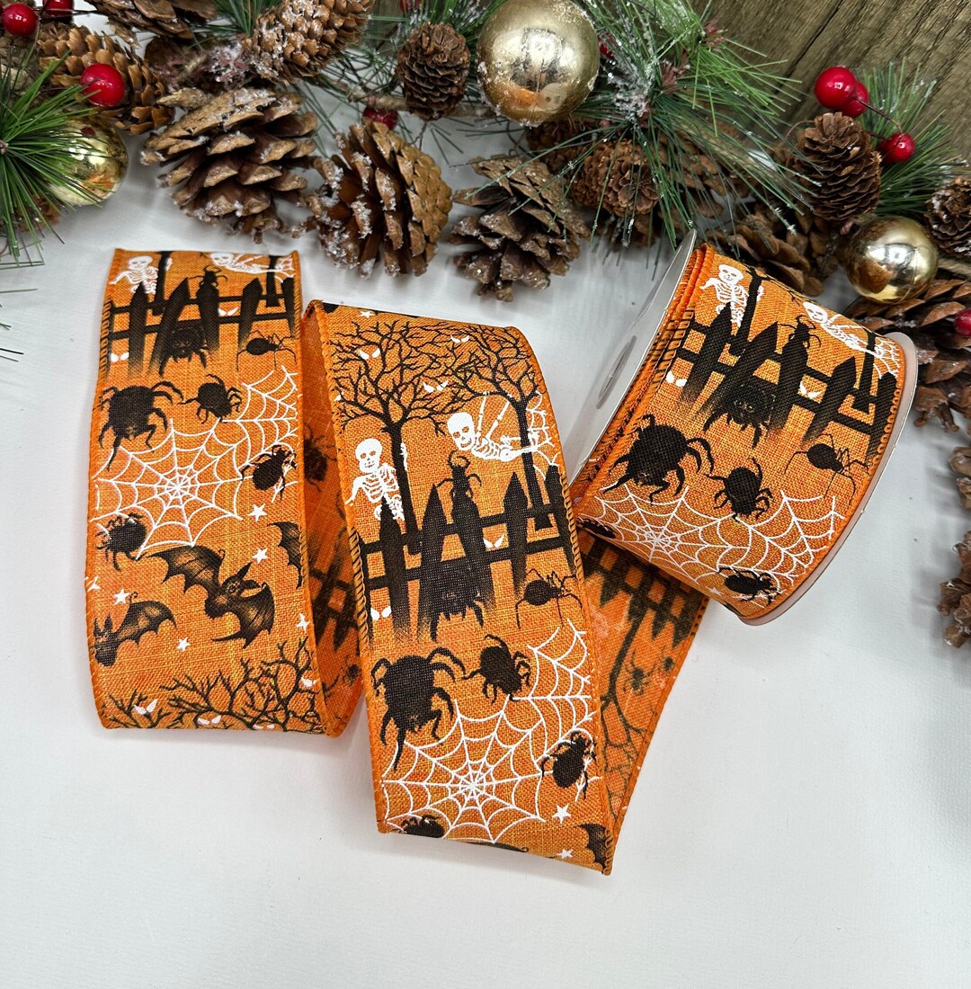 2.5" Wired Halloween Ribbon, 63mm Orange and Black Trim, Skeleton ...