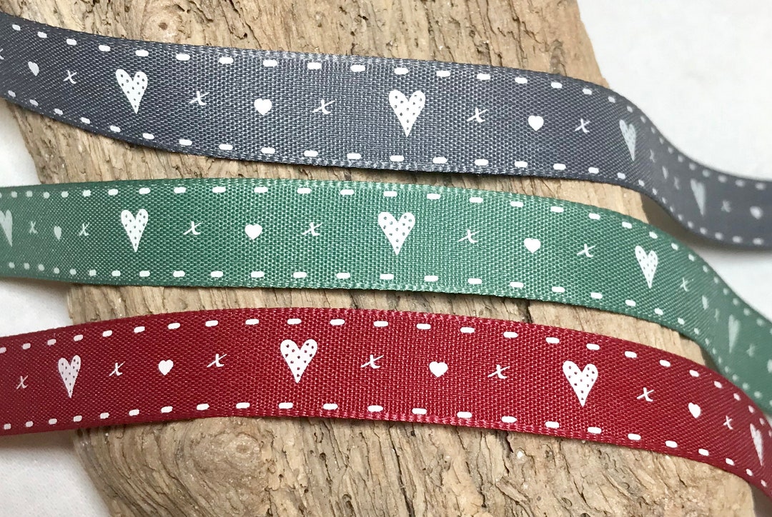 15mm Woven Tape Hearts and Kisses Ribbon, Red Green or Grey, Wedding ...