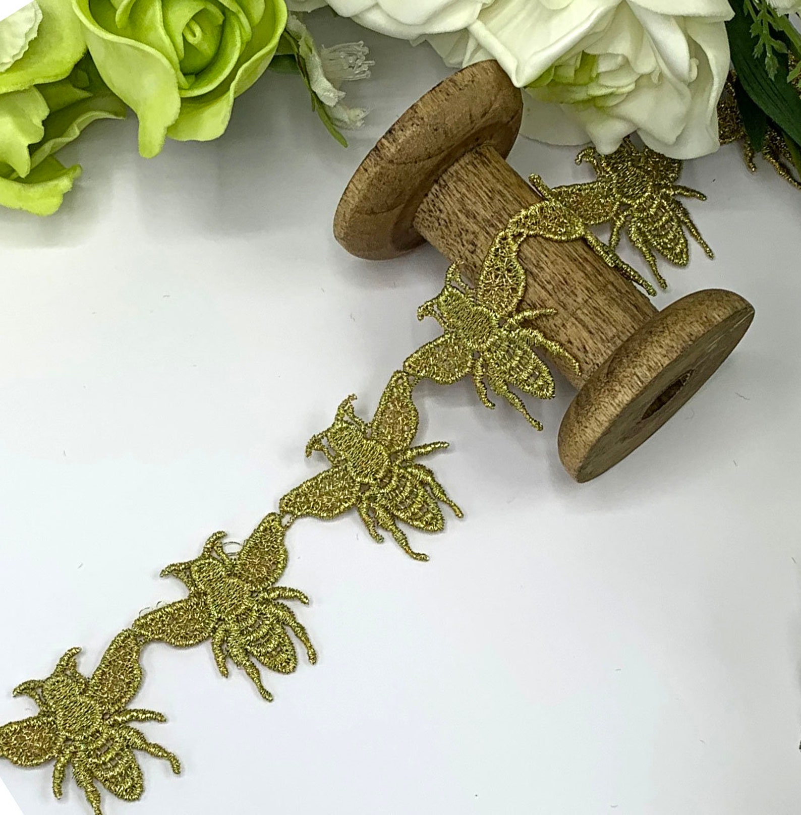 Bee embroidered lace trim metallic gold thread 1.25 inch | Etsy