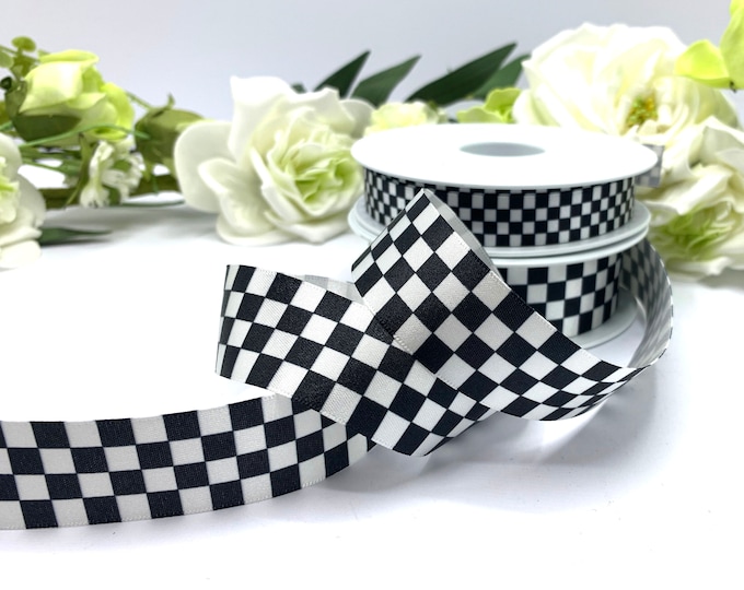 Black and White Chequered Flag 25mm Satin Ribbon Check Car Motor Racing ...