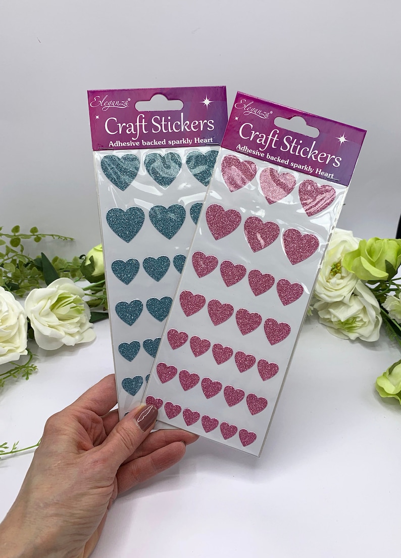 Baby Shower Glitter Heart Stickers, Blue or Pink Peel off Sparkly Heart ...