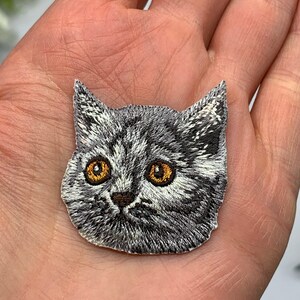 Cat Patch, Cute Small Silver Grey Embroidered Tabby Cat Face ...