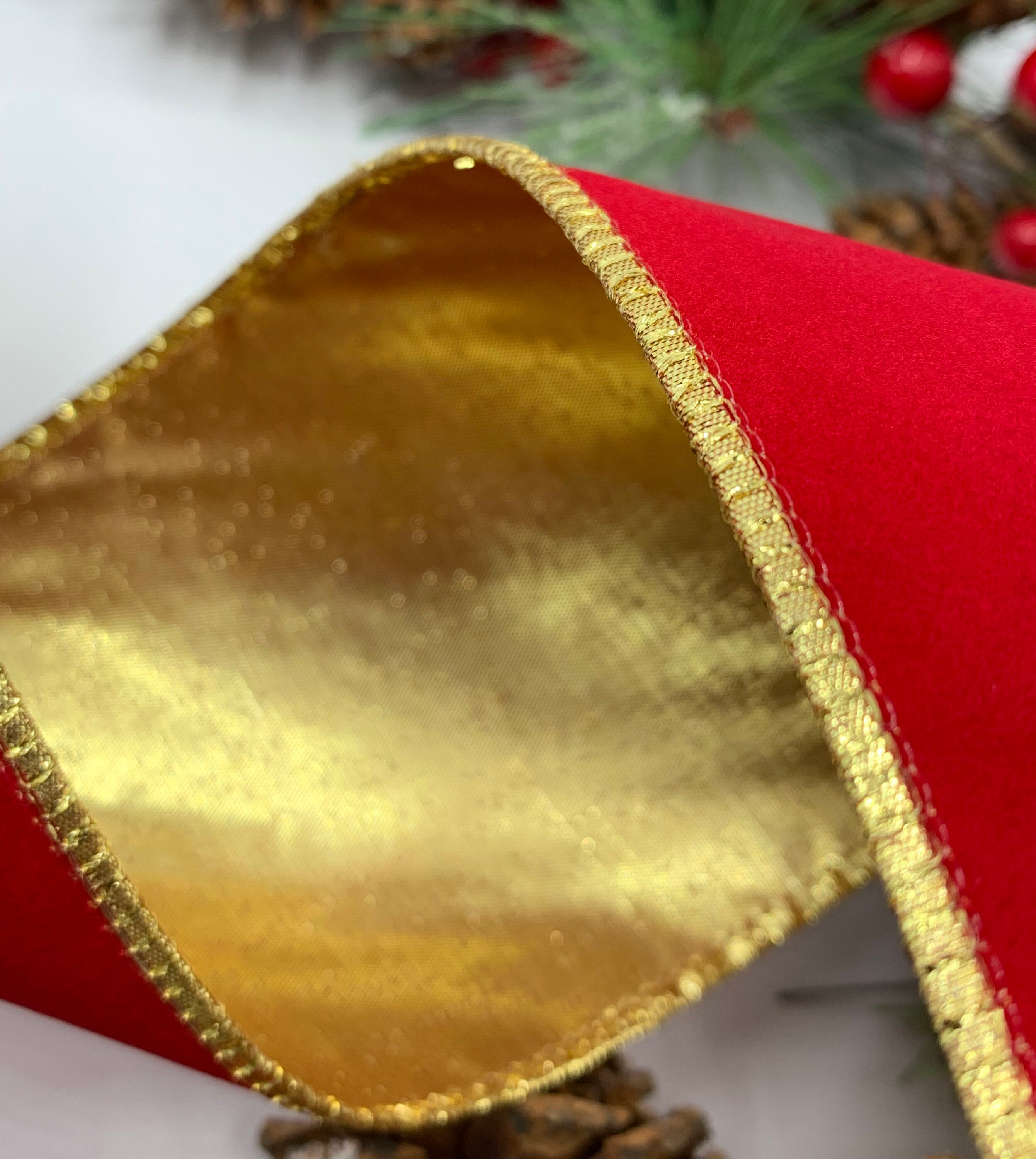 4 Wired Red Velvet Ribbon With Metallic Gold Back for - Etsy