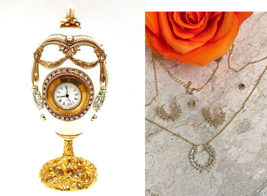 40 Year Faberge Egg Style Antique Faberge Music Box & GOLD Jewelry SET ...