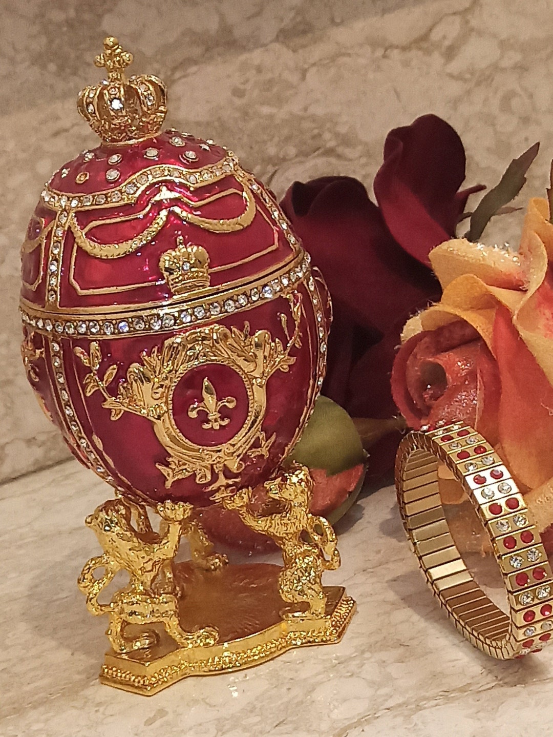 Faberge Egg Trinket Box Fabrege Style 24K GOLD IMPERIAL Lions 200 ...