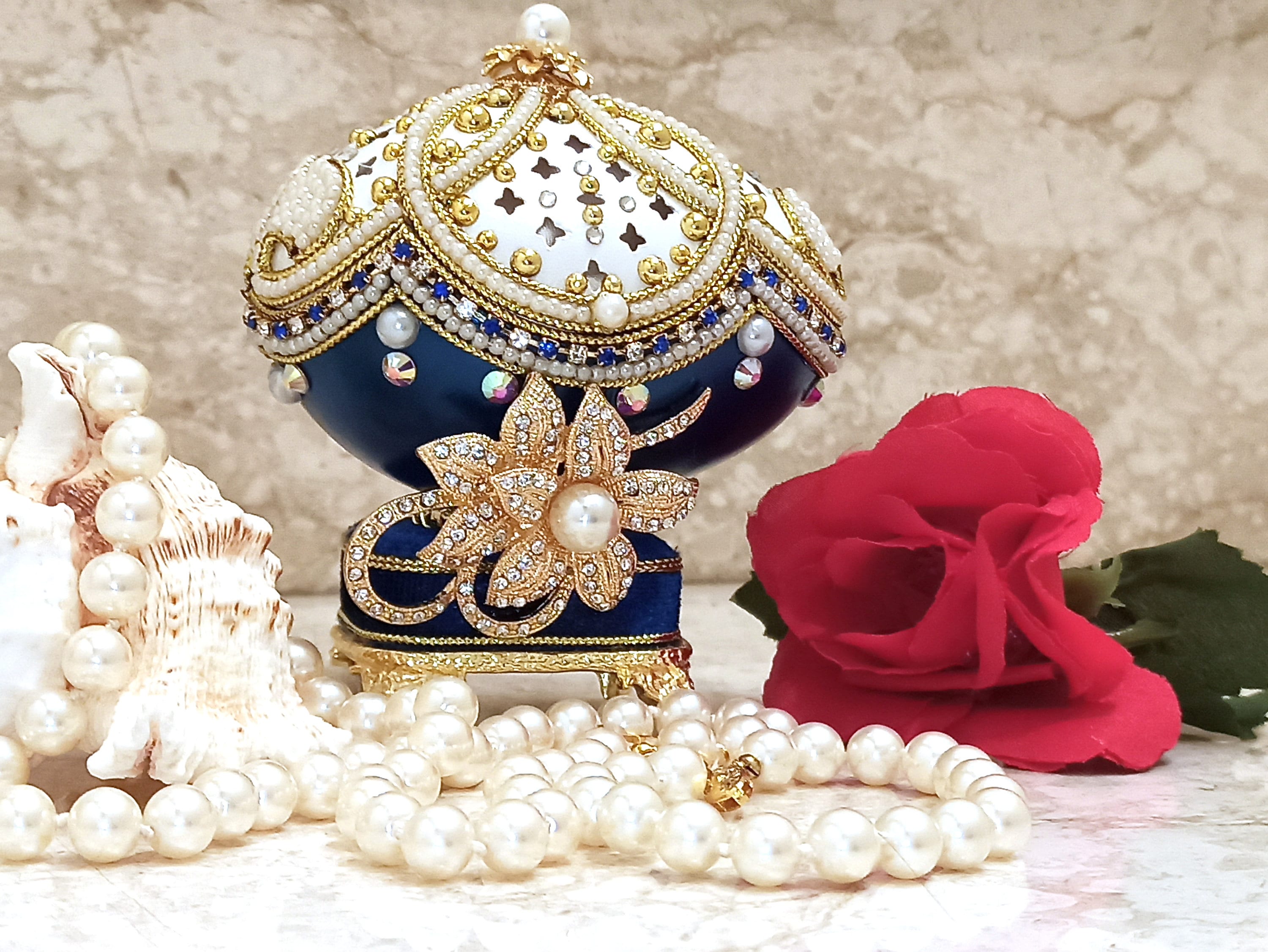 24K GOLD Faberge egg Pearl Trinket box & PEARL Necklace | Etsy