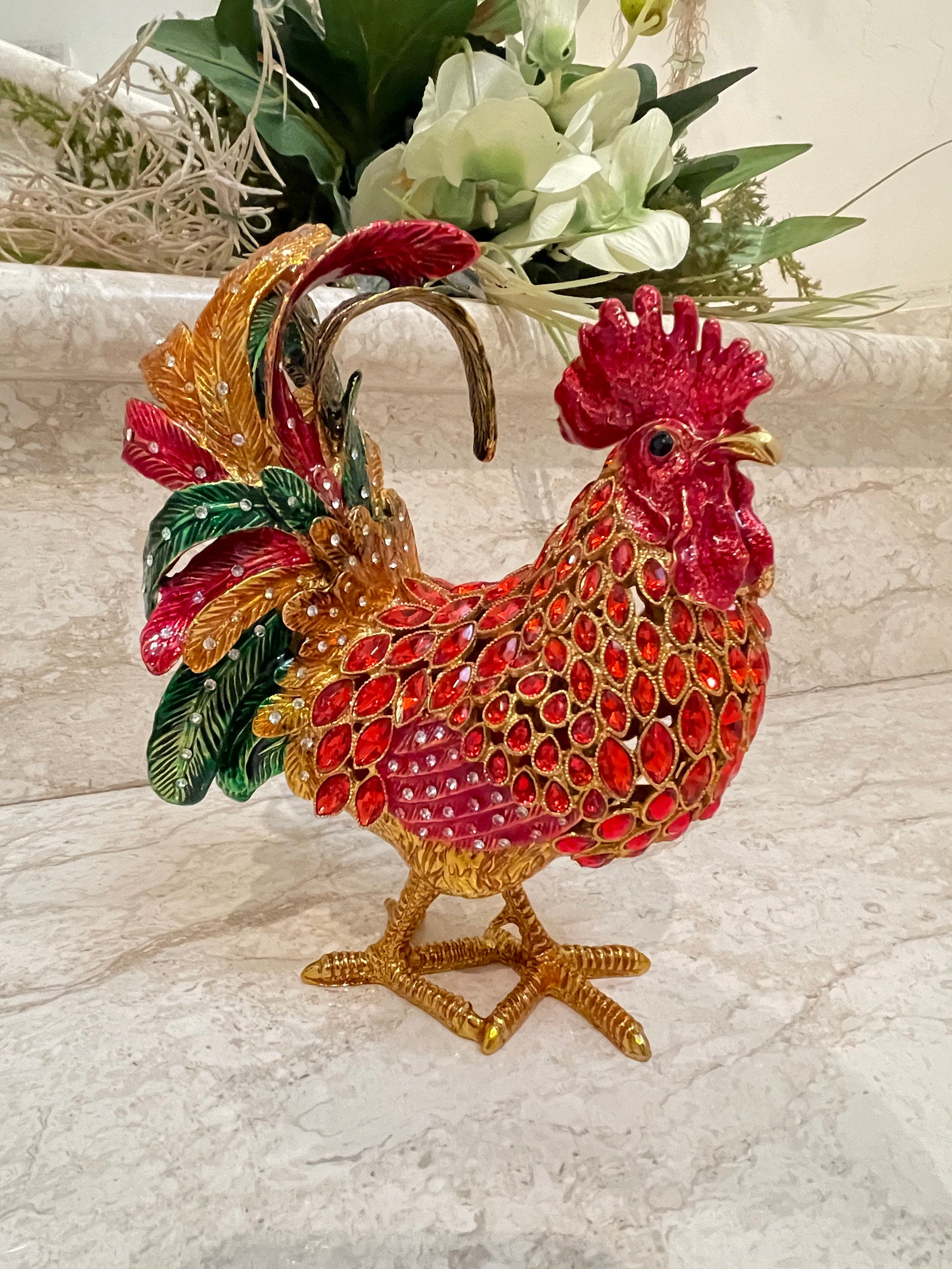 2002 Vintage RUBY Red Faberge Egg Rooster Jewelry Box, Rooster Lover ...