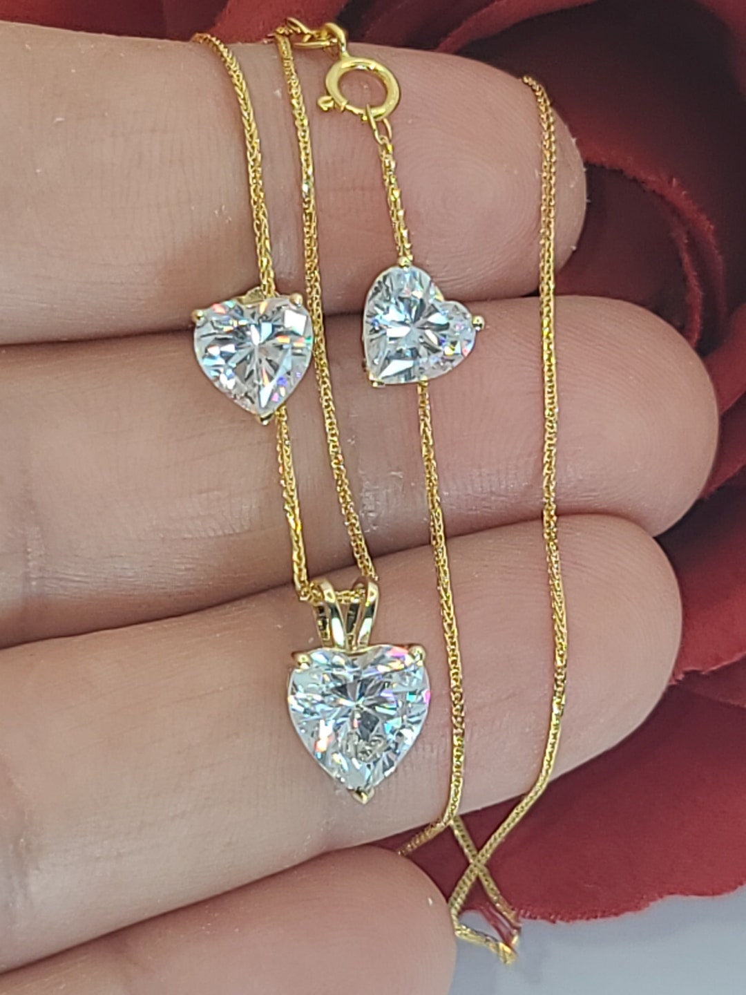 Solid 18k GOLD Jewelry SET Heart Shape Diamond Necklace Heart Diamond ...