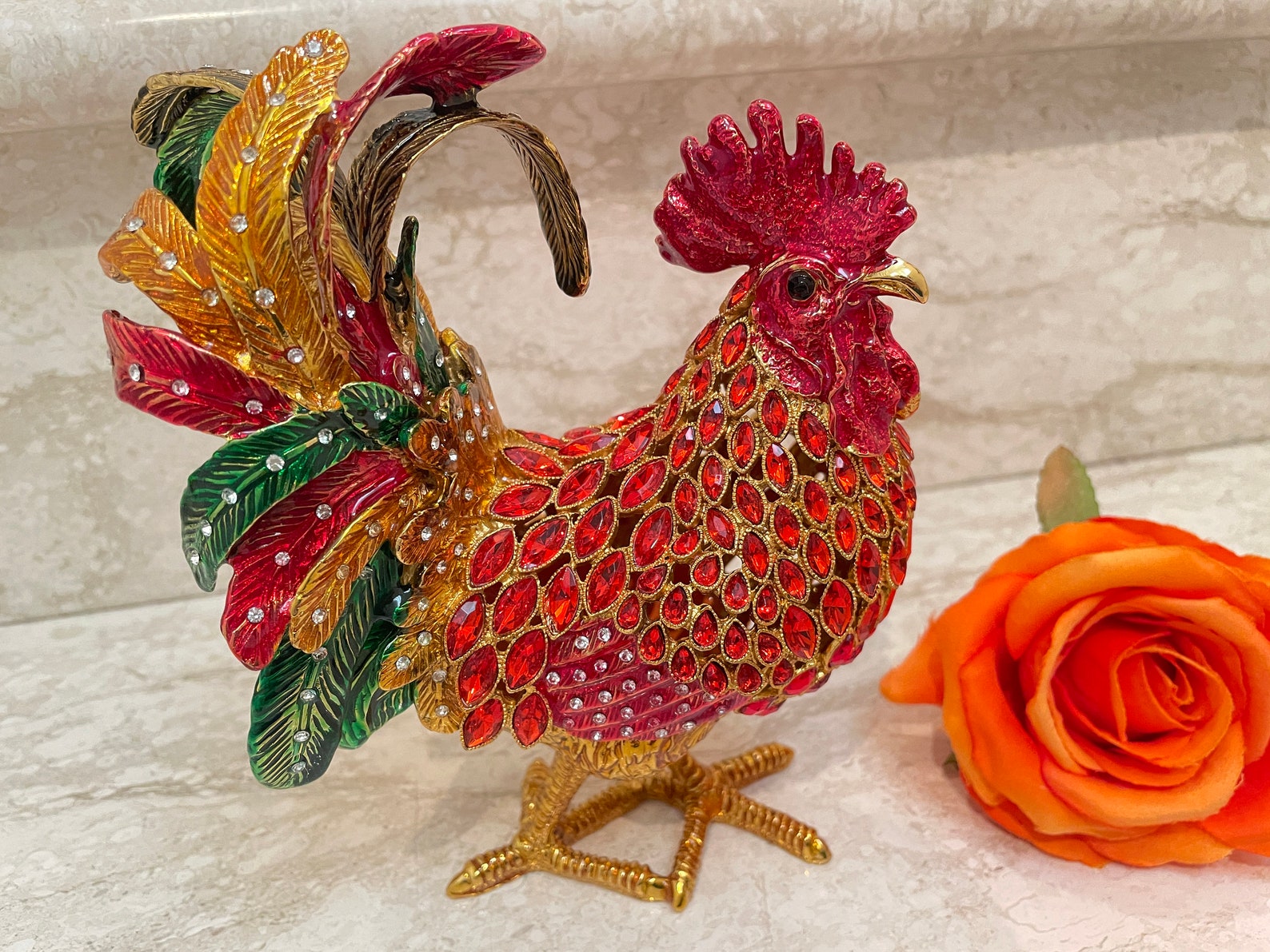 2002 Vintage RUBY Red Faberge Egg Rooster Jewelry Box, Rooster Lover ...