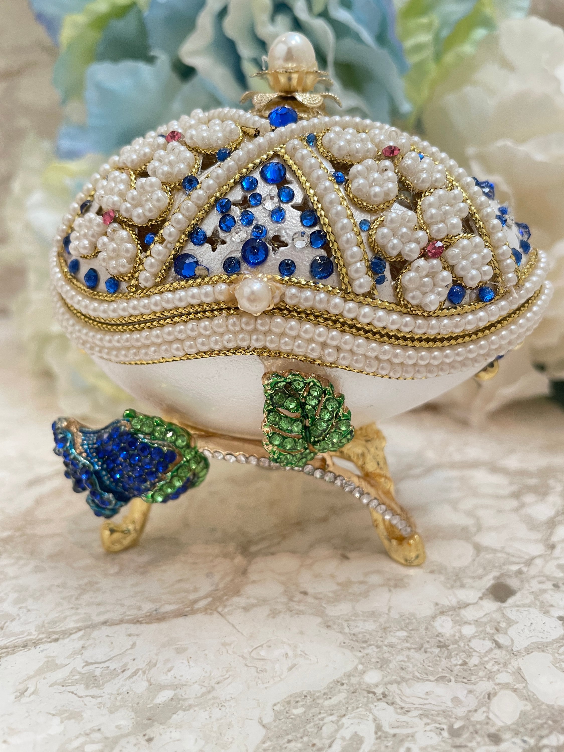 One Only Blue Rose Fabergé Egg Style Jewelry Box SET HANDCARVED Natural ...