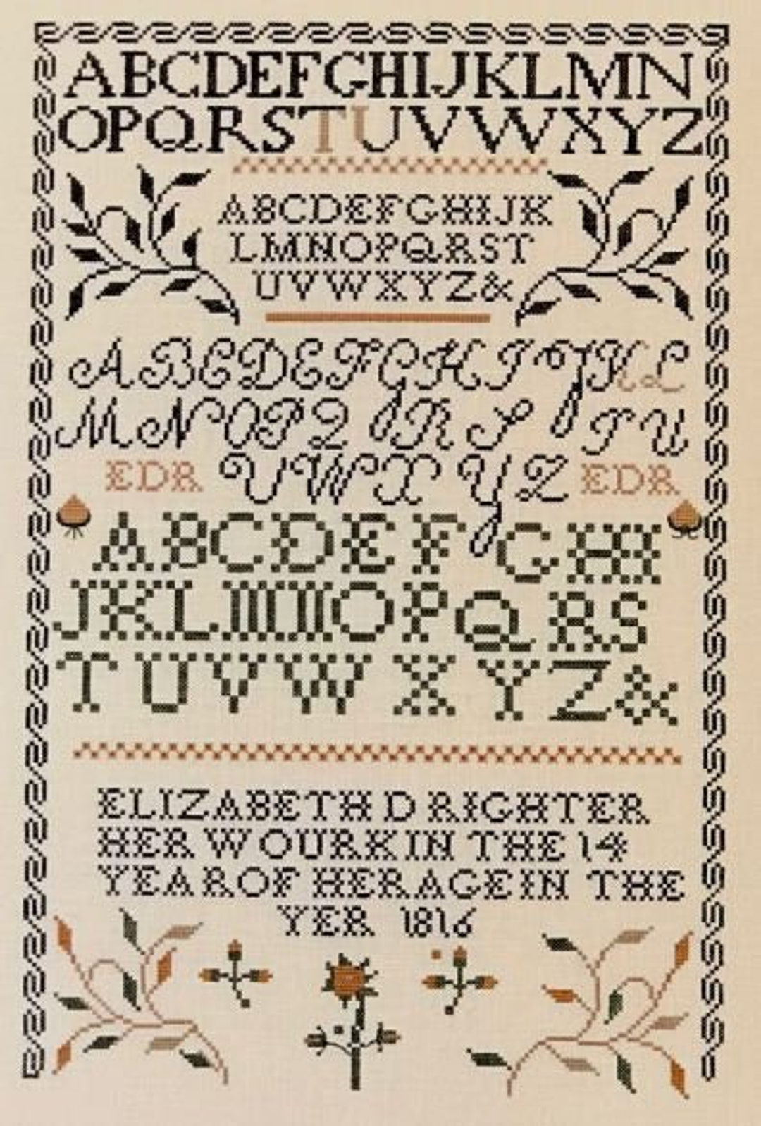 Elizabeth D. Righter 1816 Reproduction Sampler by Queenstown Sampler ...