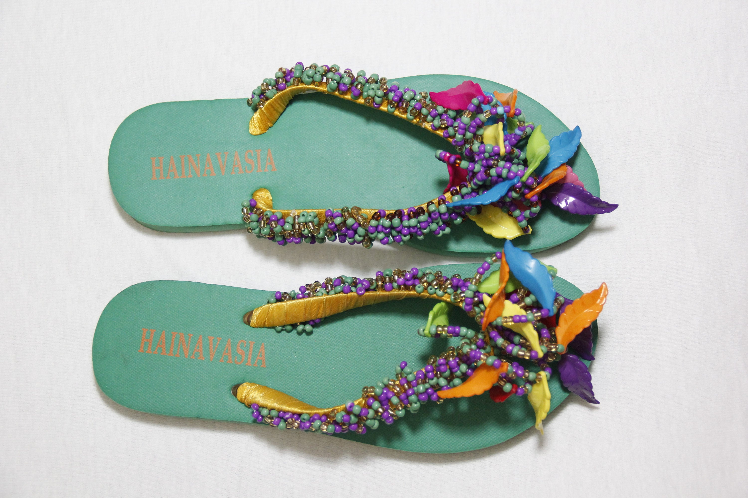 Hand Beaded Green Flip Flop