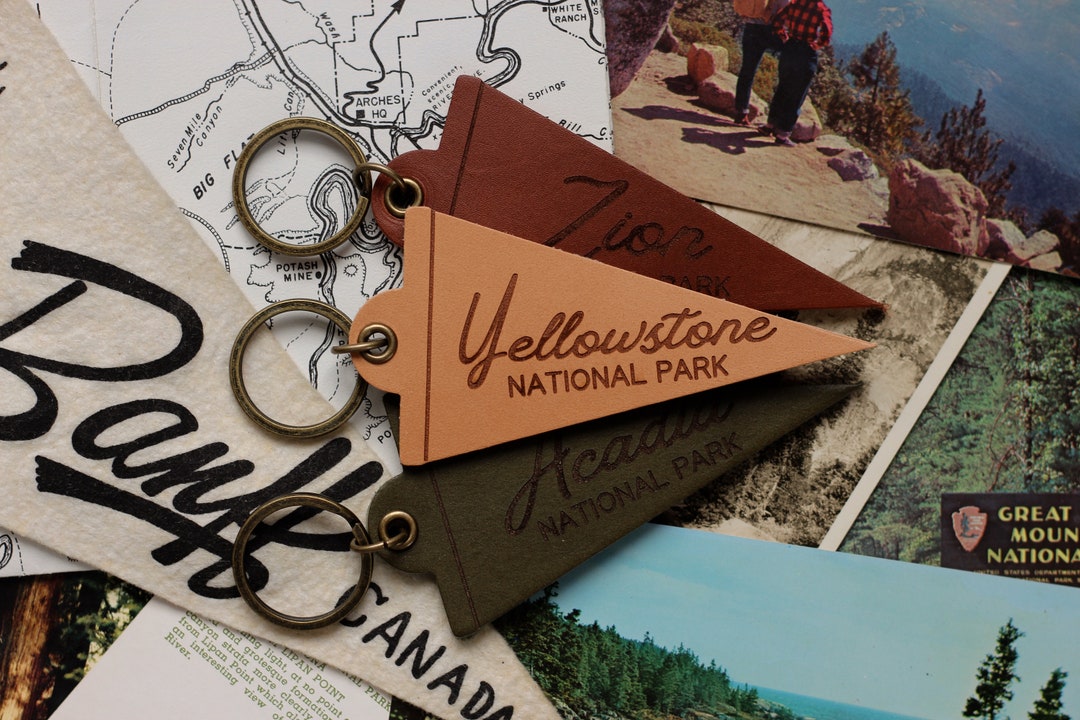 National Park Leather Pennant Flag Keychain, Custom Engraved Leather ...
