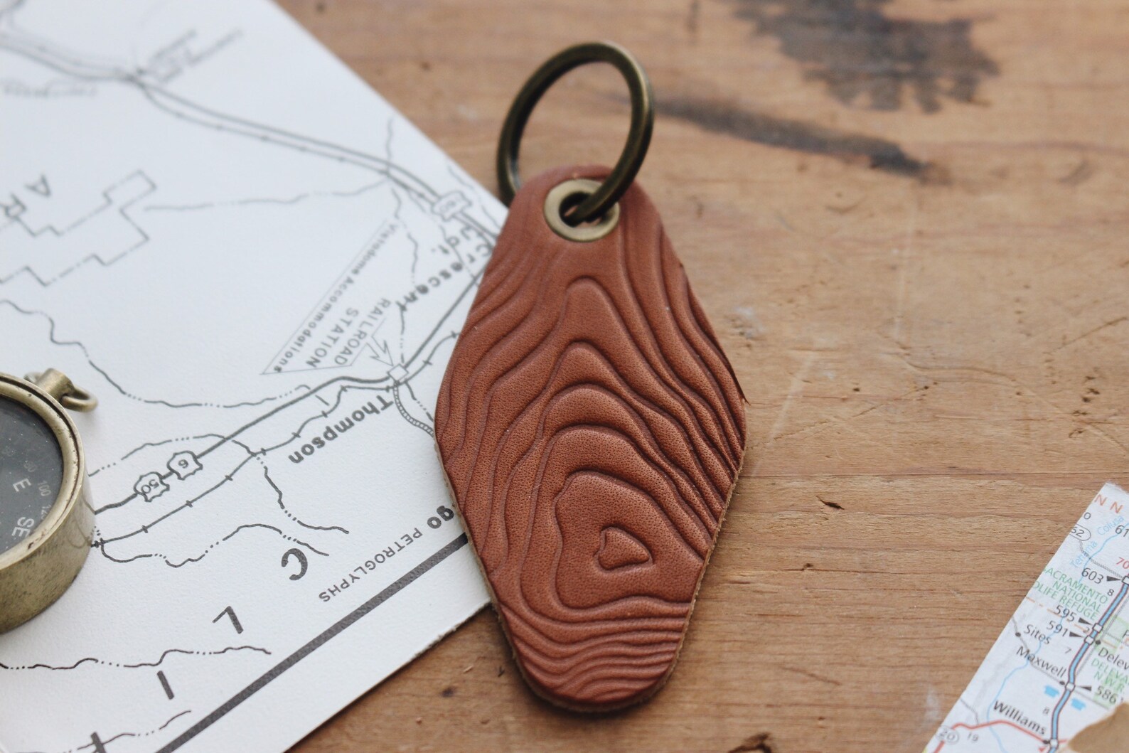 Topographic Map Leather Motel Keychain Topography Gift | Etsy