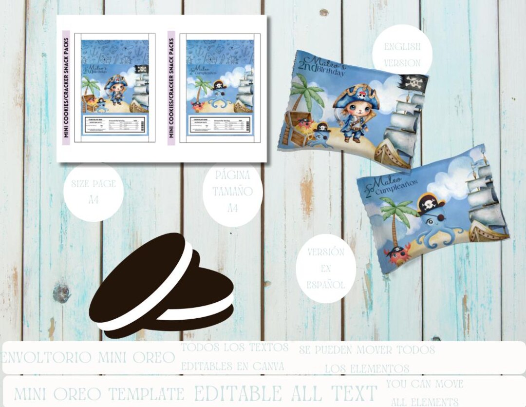 Mini Oreo Wrapper PIRATE BLUE WATERCOLOR Birthday Party, Personalized ...