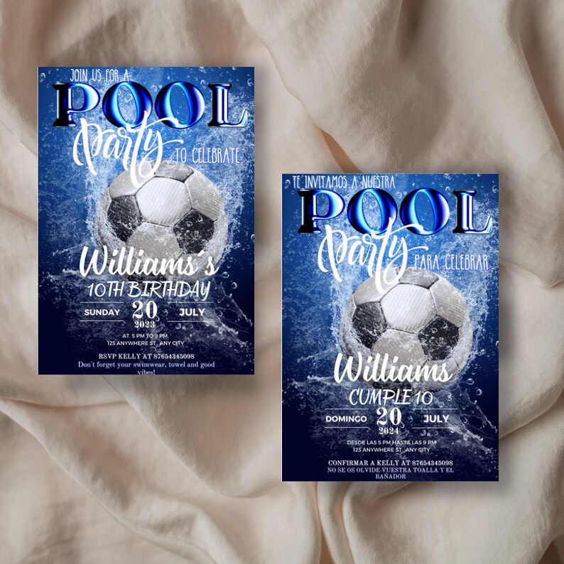 FOOTBALL SUMMER BIRTHDAY POOL Party Invitation, Boy Soccer Birthday ...
