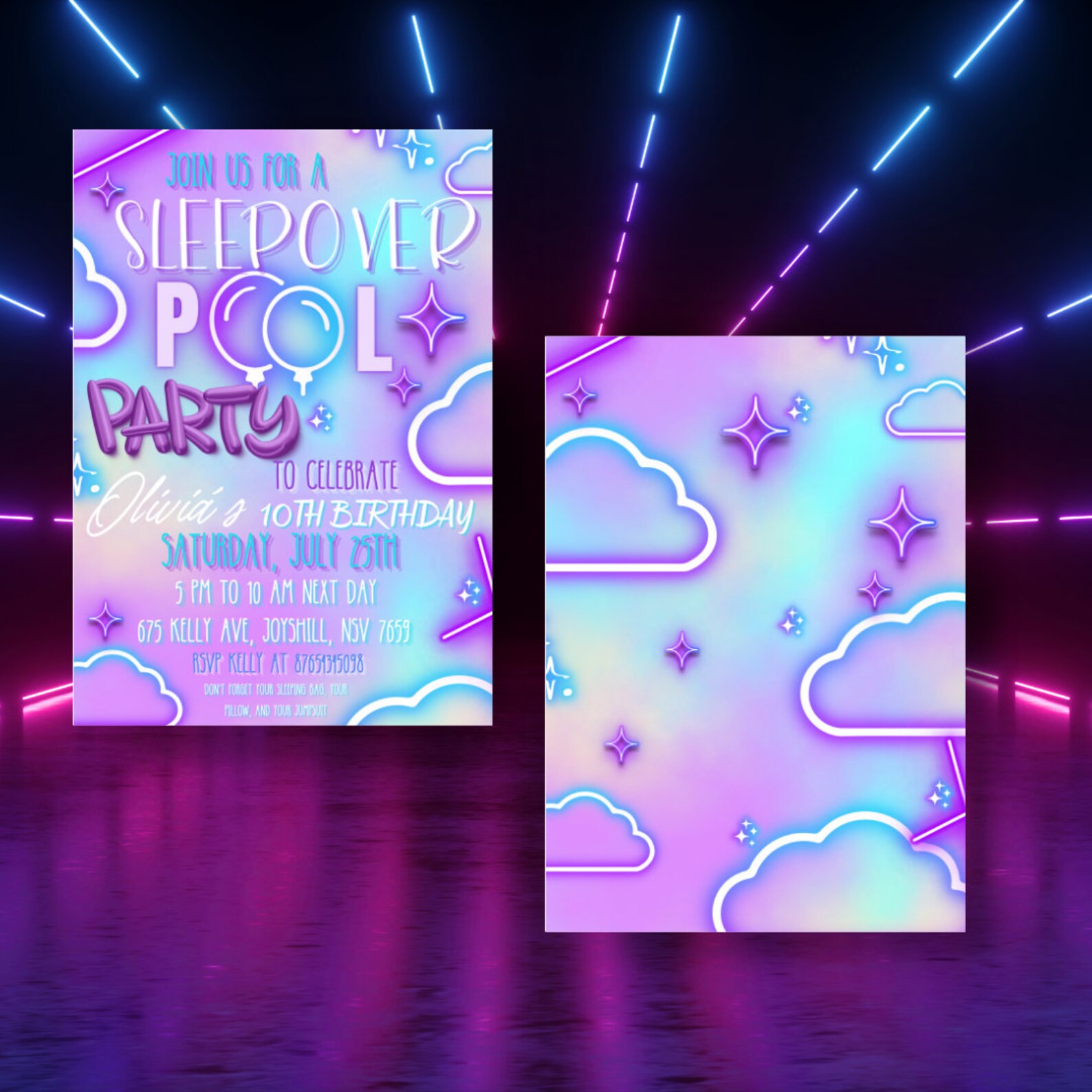 Editable Neon Glow Summer Pool PAJAMA Party Invitation, Summer Birthday ...