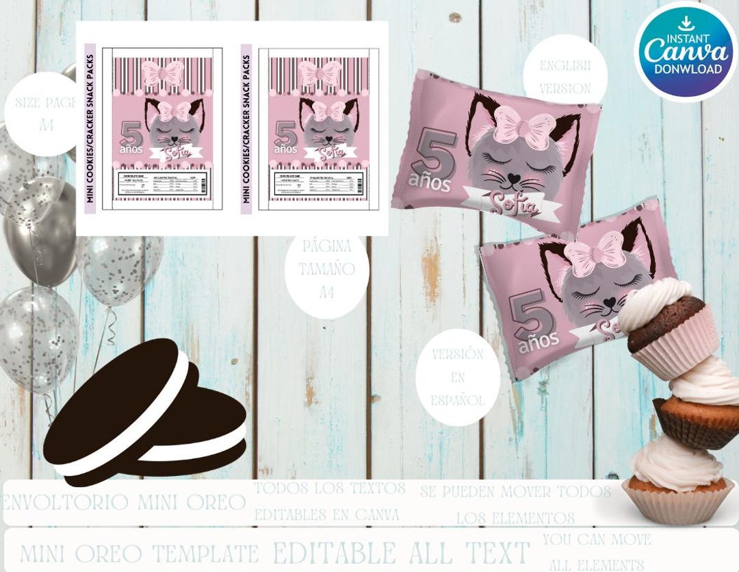 Mini Oreo Wrapper CUTE GREY CAT Birthday Party, Personalized Mini Oreo ...