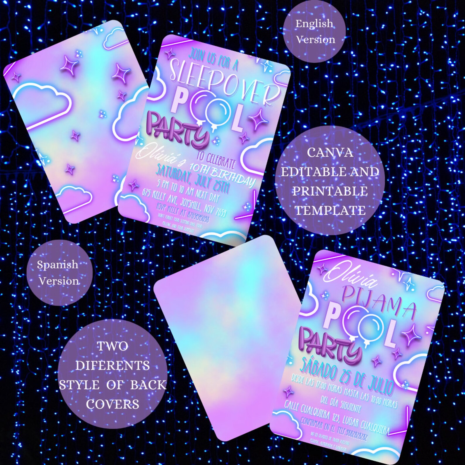Editable Neon Glow Summer Pool PAJAMA Party Invitation, Summer Birthday ...