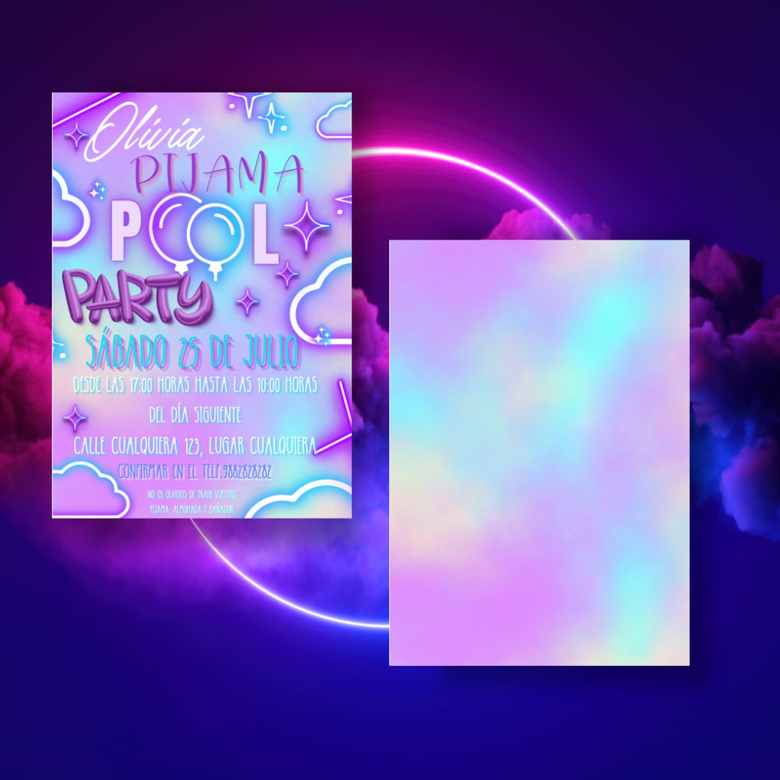Editable Neon Glow Summer Pool PAJAMA Party Invitation, Summer Birthday ...