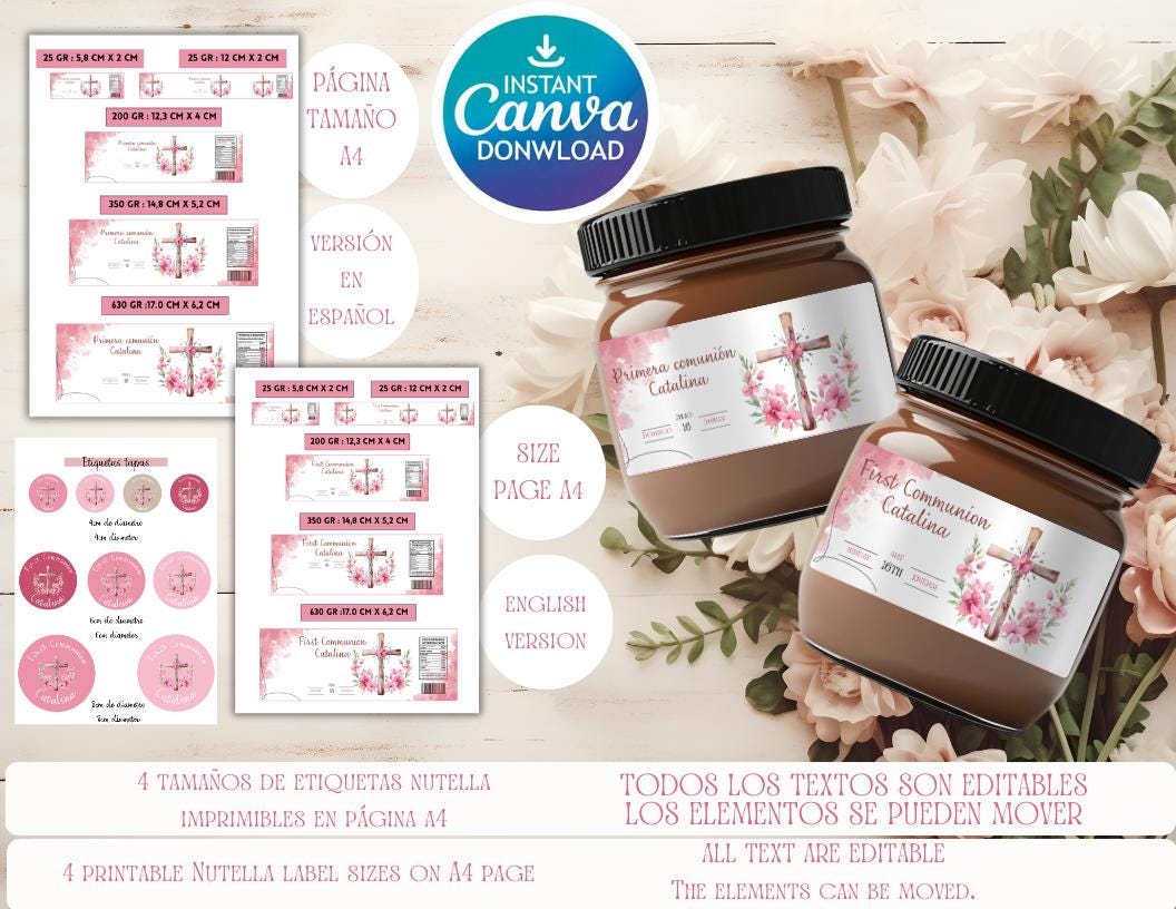 Nutella First Communion Label FUCHSIA PINK CROSS, Personalized ...
