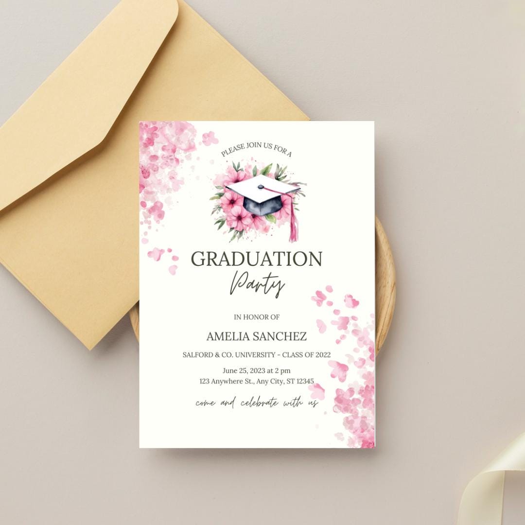 Pink Flower Graduation Invitation Template, Graduation Party, College ...