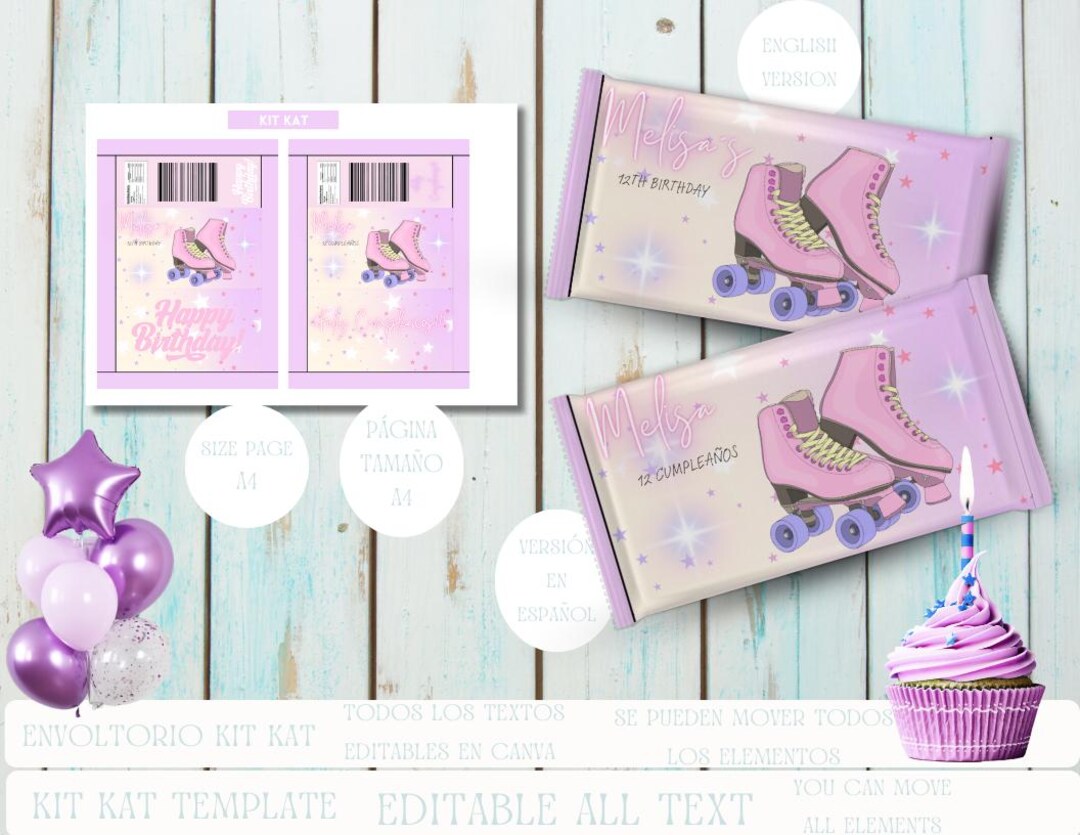 Kit Kat RETRO PINK SKATING Birthday Party Wrapper, Personalized Kit Kat Label, Kit Kat Chocolate ...