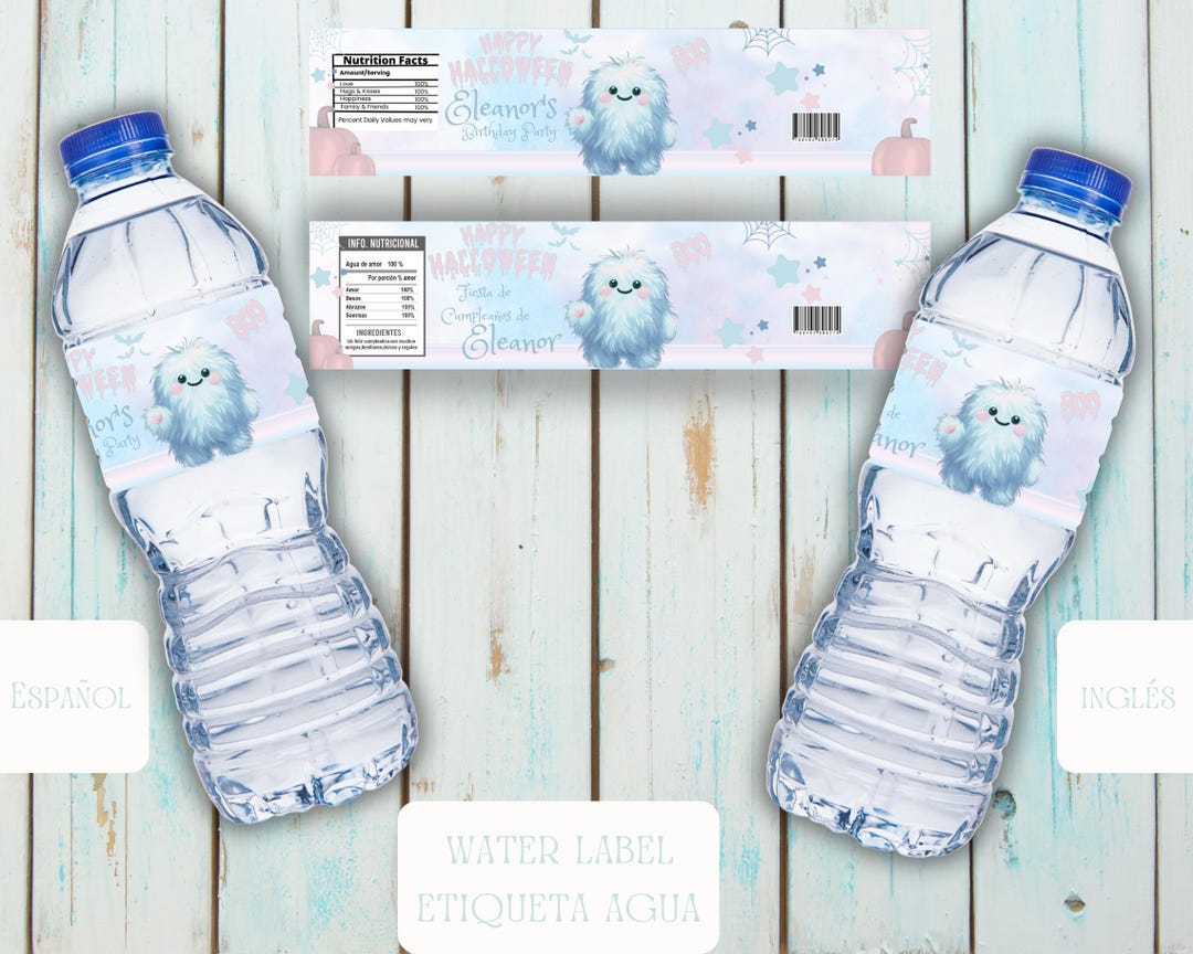 PASTEL BLUE YETI Halloween Birthday Water Bottle Label, Custom Water ...