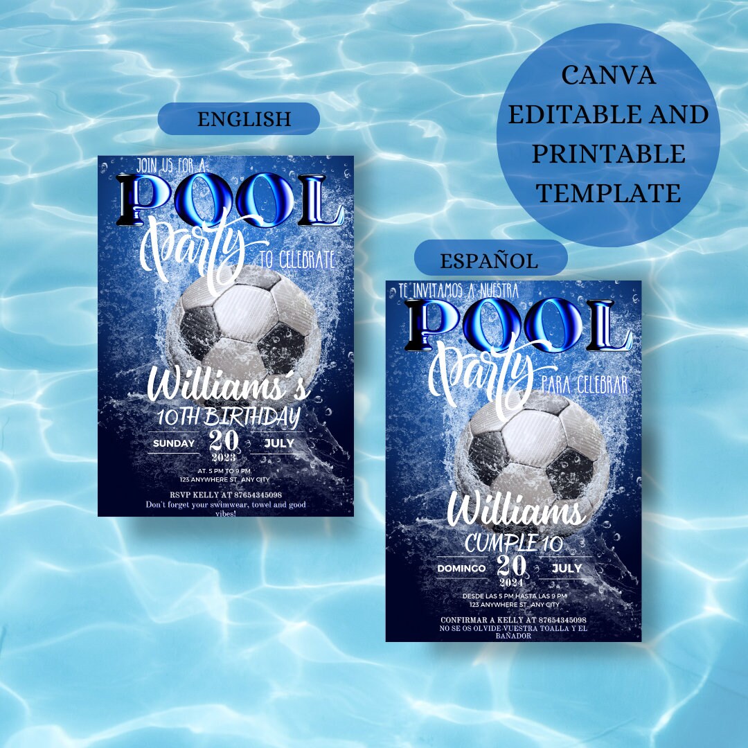 FOOTBALL SUMMER BIRTHDAY POOL Party Invitation, Boy Soccer Birthday ...