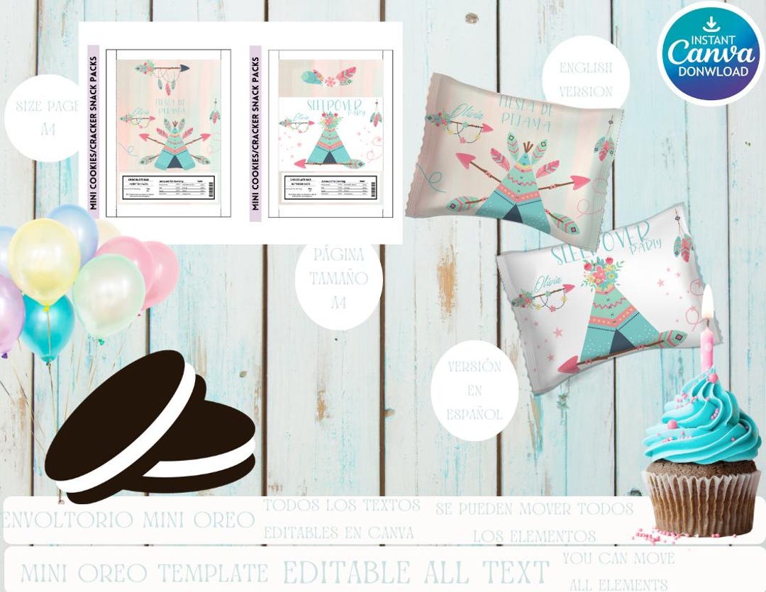 BOHO SLEEPOVER PARTY Mini Oreo Wrapper, Birthday Party Chocolate Label, Sleepover, Editable ...