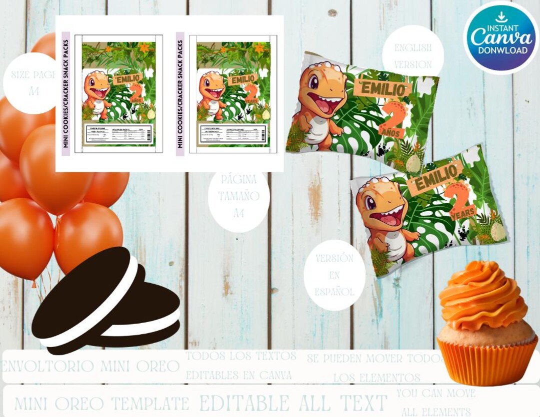 Wrapping Label Mini Oreo Party DINOSAUR ORANGE JUNGLE, Birthday Cookies ...